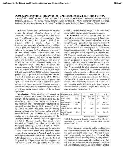 Pdf On Sounding Radar Performances For Martian Subsurface Water Detection