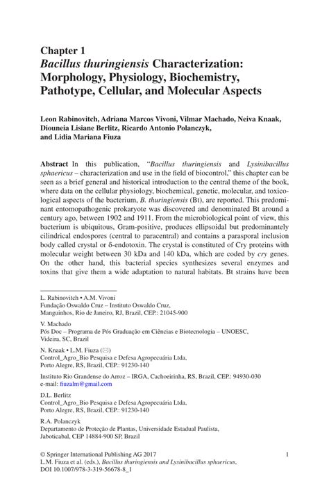 Pdf Bacillus Thuringiensis Characterization Morphology Physiology
