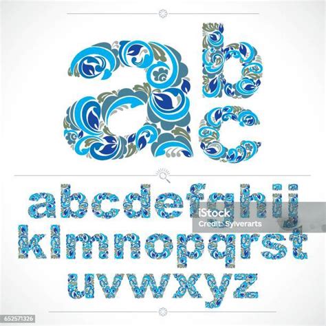 Sans Serif 편지 그린 추상 빈티지 패턴을 사용 하 여 봄 꽃 알파벳 디자인을 떠난다 천연 에코 스타일에서 만든 블루