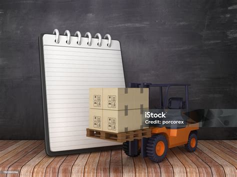 칠판 배경 지게차와 노트 패드3d 렌더링 3차원 형태에 대한 스톡 사진 및 기타 이미지 3차원 형태 가정의 방 건설 산업 Istock
