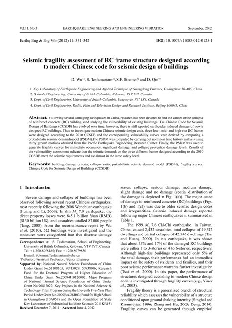 PDF Seismic Fragility Assessment Of RC Frame Structure Designed According To Modern Chinese