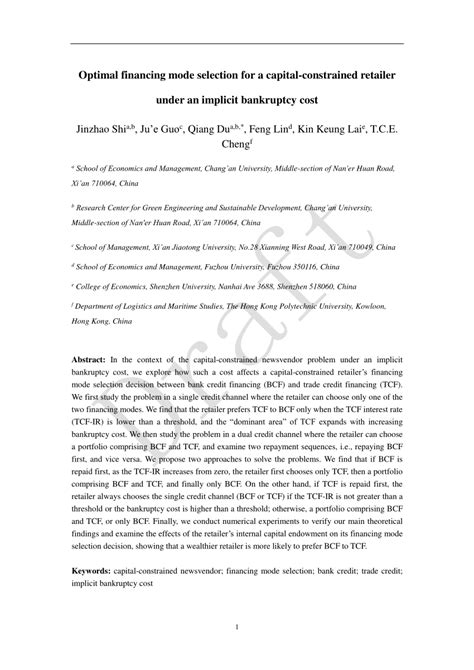 Pdf Optimal Financing Mode Selection For A Capital Constrained Retailer Under An Implicit