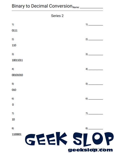 Math Binary To Decimal Conversion Practice Worksheet Series 2 Geek Slop Online
