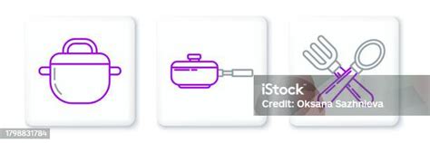 세트 라인 교차 포크와 숟가락 요리 냄비 및 프라이팬 아이콘 벡터 가정 생활에 대한 스톡 벡터 아트 및 기타 이미지 가정 생활 가정 주방 가정의 방 Istock