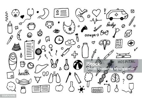 낙서 손으로 그린 아기 약 세트입니다 임신 세트 장난감 음식 소품 글자가 있는 손으로 그린 낙서 약의 큰 세트입니다 벡터 일러스트 레이 션입니다 낙서 드로잉에 대한 스톡