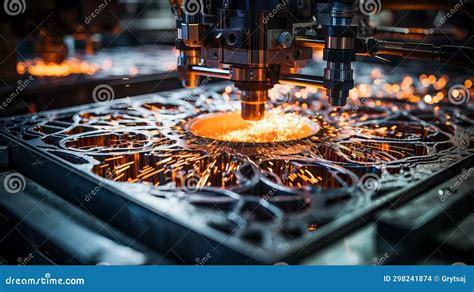 The Cnc Milling Machine Cutting The Metal Part With The Sparking Stock