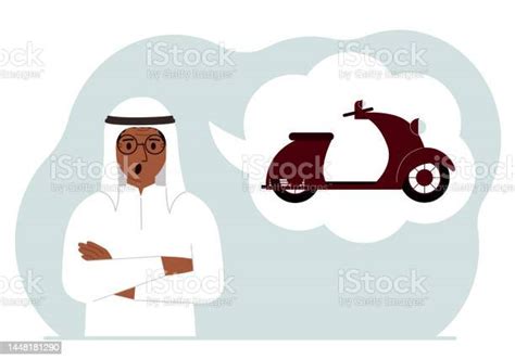 한 남자가 스쿠터 나 오토바이에 대해 꿈꾸거나 생각합니다 그의 생각은 기포 속에 있습니다 꿈 구매 대출 또는 투자의 개념 놀라움에 대한 스톡 벡터 아트 및 기타 이미지