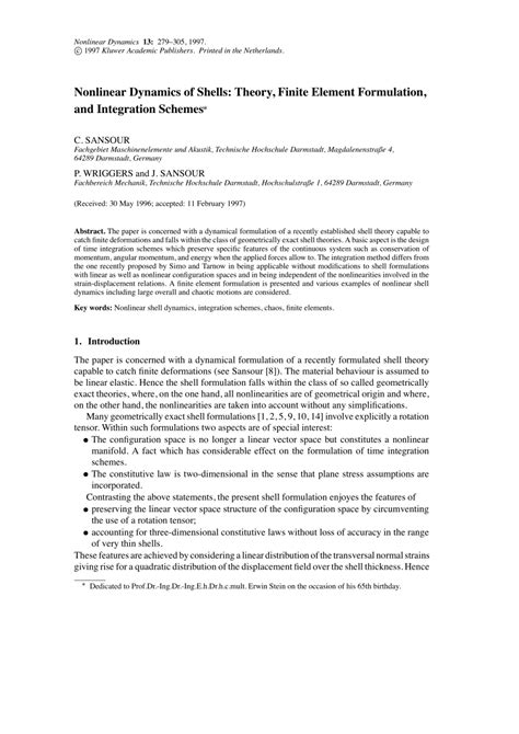 Pdf Nonlinear Dynamics Of Shells Theory Finite Element Formulation