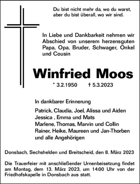 Traueranzeigen Von Winfried Moos Vrm Trauerde
