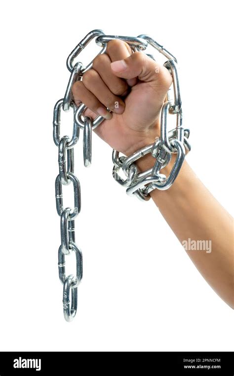 Humans Hand Tied With A Chain Of Metal Steel Isolated Over White