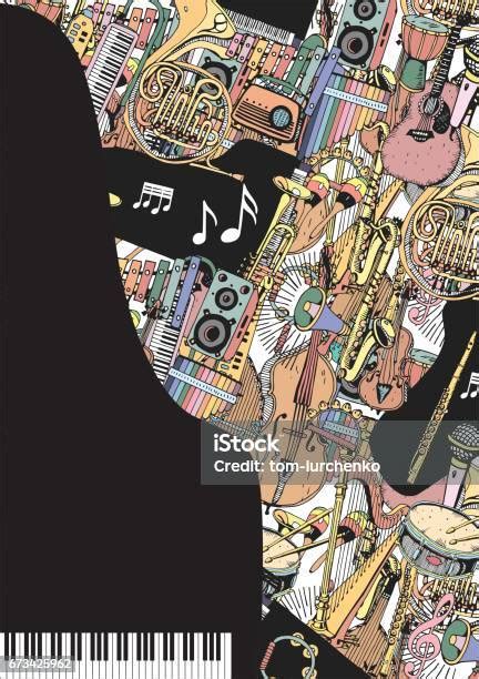 화이트 피아노와 음악 계기의 수집입니다 낙서 스타일에 손으로 그린 그림입니다 Classical Concert에 대한 스톡 벡터