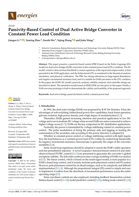 Pdf Passivity Based Control Of Dual Active Bridge Converter In Constant Power Load Condition