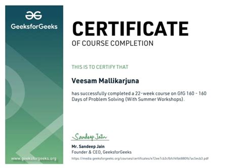 Gfg160 Gfg160 Geeksforgeeks Dsa Codingchallenge Certificateearned Veesam Mallikarjuna