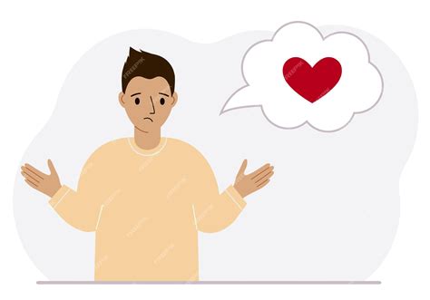 Грустный человек думает о любви. в воздушном шаре мысли красное сердце ...