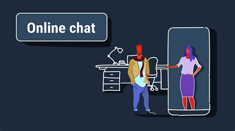 모바일 응용 직장 사무실 인테리어 어두운 배경 스케치 수평을 사용 하 여 스마트 폰 화면 온라인 채팅 개념 커플에서 우아한 여자와 채팅 남자 2명에 대한 스톡 벡터 아트 및