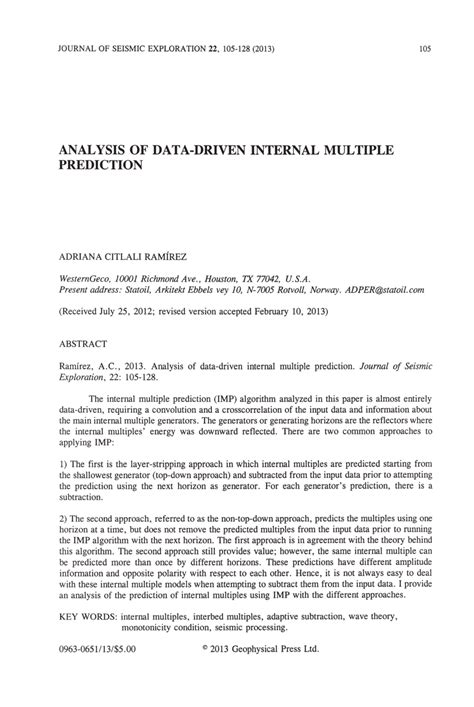 pdf analysis of data driven internal multiple prediction