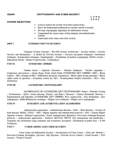 Syllabus Cb3491cryptography And Cyber Security Pdf Cryptography Key Cryptography