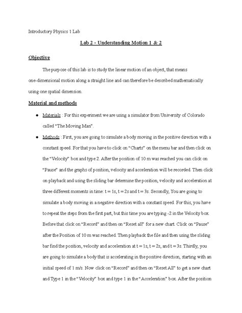 Physics Lab Report 2 Introductory Physics 1 Lab Lab 2 Understanding Motion 1 2 Objective