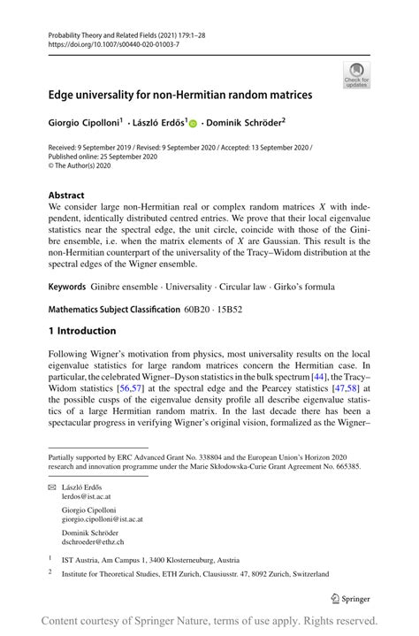 Pdf Edge Universality For Non Hermitian Random Matrices