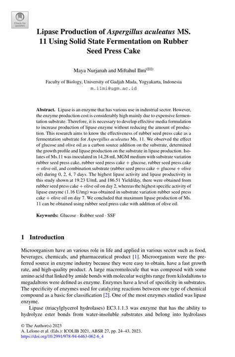 Pdf Lipase Production Of Aspergillus Aculeatus Ms 11 Using Solid State Fermentation On Rubber