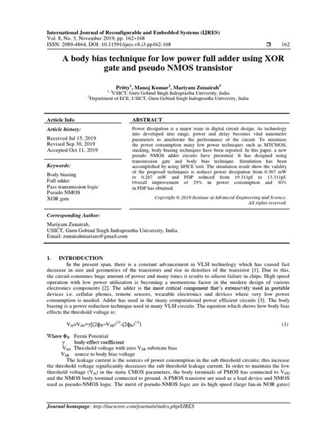 A Body Bias Technique For Low Power Full Adder Usi Pdf Mosfet Cmos