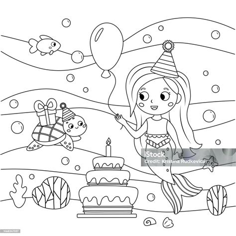귀여운 인어 거북이 물고기 해초 식물이 있는 생일 색칠 공부 페이지 만화 카와이 캐릭터 동화 색칠하기 책에 대 한 흑백 벡터 그림입니다 여자 인어에 대한 스톡 벡터 아트 및
