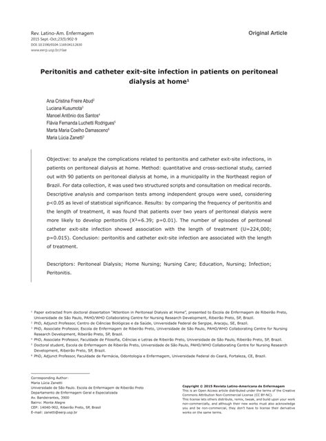 PDF Peritonitis And Catheter Exit Site Infection In Patients On Peritoneal Dialysis At Home