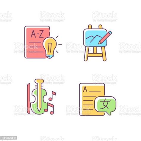 학교 Rgb 색상 아이콘 세트의 다양한 과목 개념에 대한 스톡 벡터 아트 및 기타 이미지 개념 개체 그룹 공부 Istock