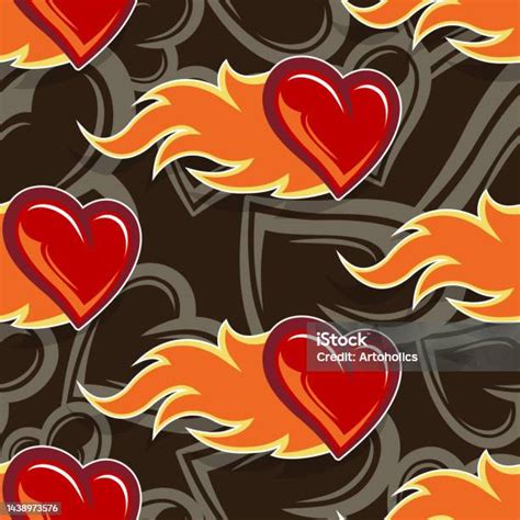 불타는 심장 매끄러운 패턴 디자인 사랑의 마음과 불 불꽃 벡터 아트 그래픽 인쇄 발렌타인 데이 포장지 엽서 벽지 및 섬유 낮에 대한 스톡 벡터 아트 및 기타 이미지 Istock