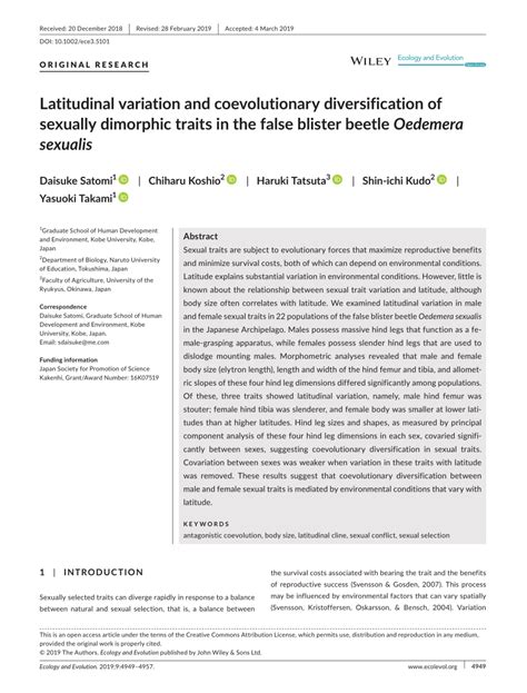 Pdf Latitudinal Variation And Coevolutionary Diversification Of Sexually Dimorphic Traits In
