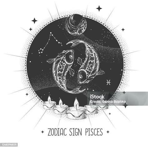 점성술 물고기자리 조디악 기호현대 마법 마술 카드 사실적인 손 그리기 잉어 피쉬 일러스트 조디악 특성 고풍스런에 대한 스톡 벡터