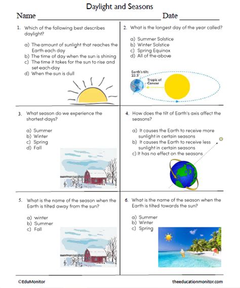 Daylight And Seasons Science Worksheet For Grade 6 Edumonitor Worksheets Library
