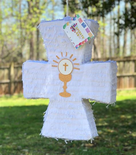 20 Inch White Cross Pinata With Gold Chalice Accents Easter Sunday Party Decoration Baptism Or