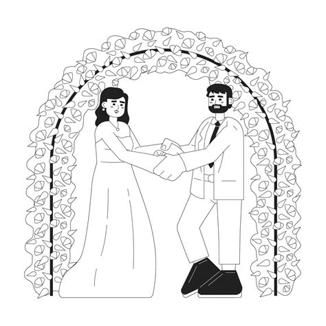 Commitment Ceremony Monochrome Concept Vector Spot Illustration Newlyweds Under Flowers Arch 2d
