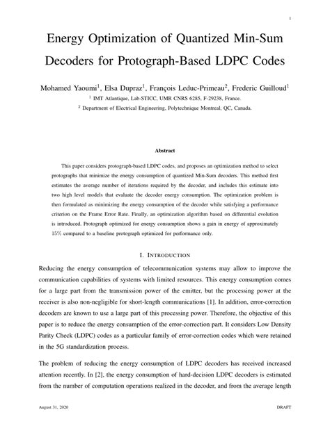 Pdf Energy Optimization Of Quantized Min Sum Decoders For Protograph