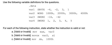 Solved Use The Following Variable Definitions For The