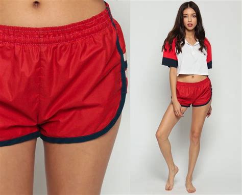 Vintage Swim Trunks 80s Bathing Suit Shorts Red White Blue Striped