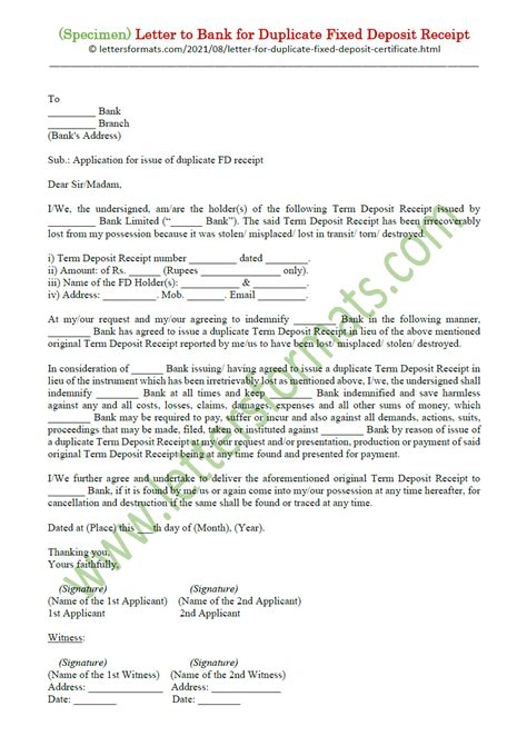 Draft Request Letter To Bank For Duplicate Fixed Deposit Receipt