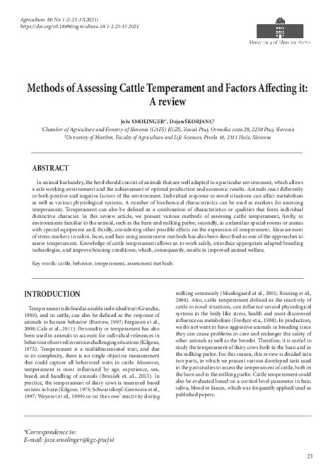 Pdf Methods Of Assessing Cattle Temperament And Factors Affecting It A Review