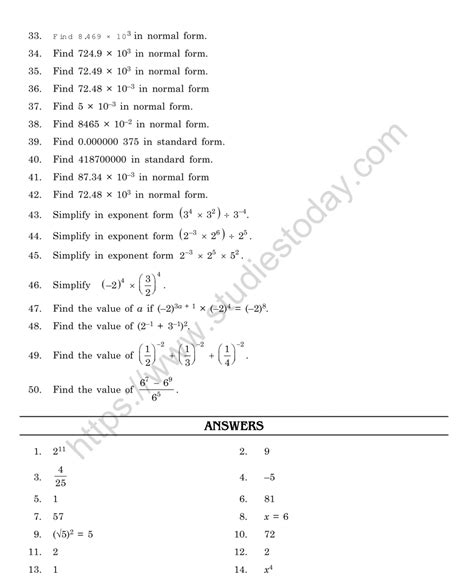 Cbse Class 8 Mental Maths Exponents And Powers Worksheet