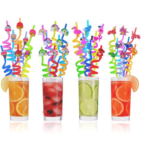 Buy 32 Pieces Reusable Straws Cute Crazy Straws Rainbow Drinking Plastic Straws Dinosaur Ice