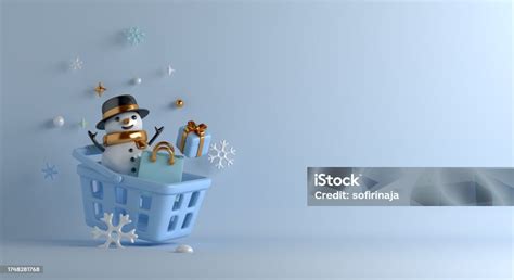 눈사람 쇼핑 바구니 카트 눈송이 선물 상자 복사 공간 텍스트 3d 렌더링 그림과 겨울 판매 장식 배경 눈사람에 대한 스톡 사진 및 기타 이미지 Istock