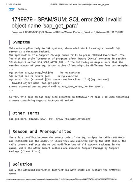 Spam Sum Sql Error 208 Invalid Object Name Sap Get Para Pdf Microsoft Sql Server