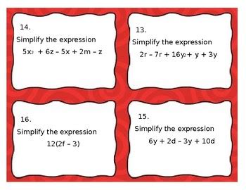 Simplifying Expressions Task Cards By Mrs Hanna TpT