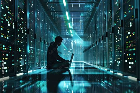 Computer Engineer Working On Laptop Computer With Server Room Data