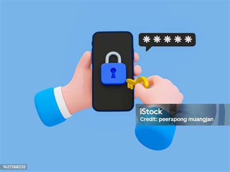 3d 만화 암호 확인 암호 인증 개념 로그인 프로세스 권한이 부여된 사용자입니다 스마트 폰을 잠금 해제하는 열쇠를 들고있는 손