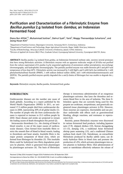 Pdf Purification And Characterization Of A Fibrinolytic Enzyme From Bacillus Pumilus 2g