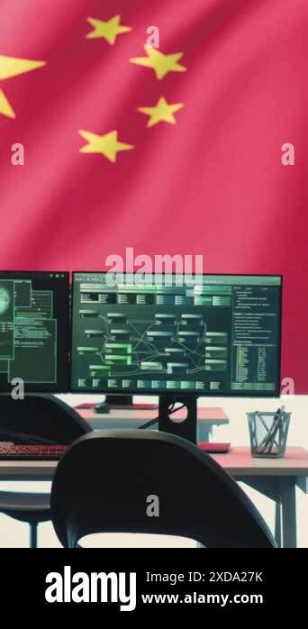 Vertical Video Empty Governmental Hacking Room With Chinese Flag On A