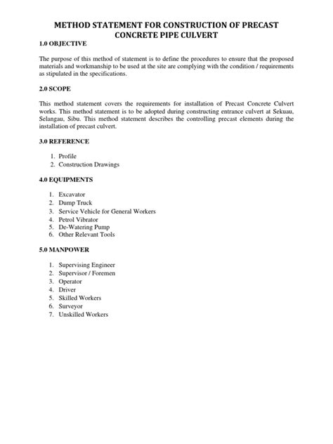 Method Statement For Construction Of Precast Concrete Pipe Culvert Pdf Concrete