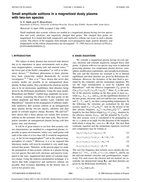 Pdf Small Amplitude Solitons In A Magnetized Dusty Plasma With Two Ion Species